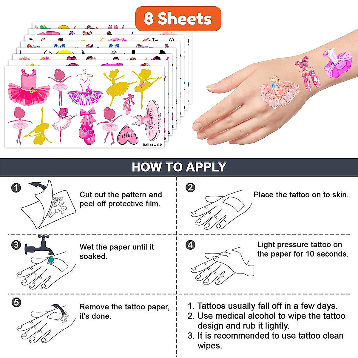 Ballerina Tattoos Themed Birthday Party Decorations Supplies Favors Decor 96 PCS 8 Sheets Cute Temporary Tattoo Stickers For Girls Kids Boys School Gifts Rewards Home Activity