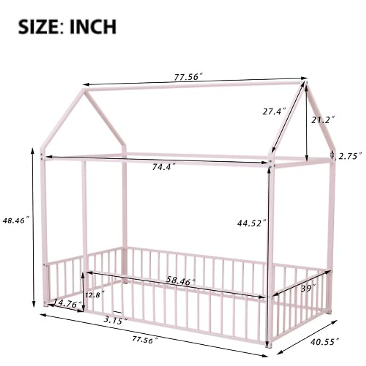 Twin Size Pink Floor Bed Frame with Safety Fence and Door, Metal Montessori Bed Toddler Floor Bed for Kids Girls Boys,Twin House Floor Bed Frame with Roof, No Box Spring Needed (Pink)