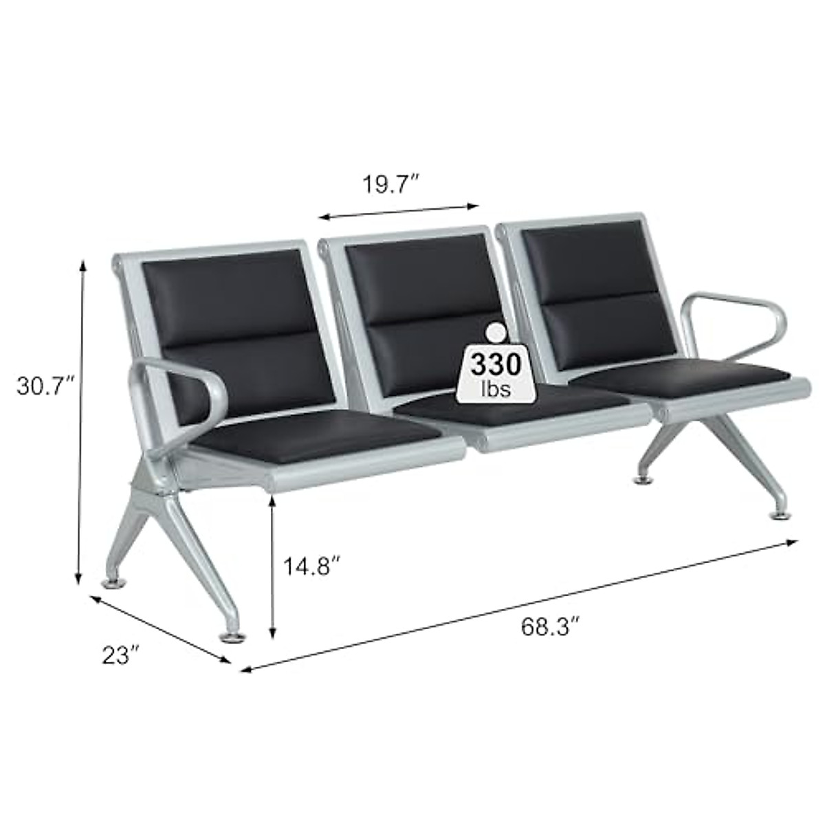 JSUN7 3 Seat Airport Reception Chair, Waiting Room Chairs with Arm, Black Leather Waiting Room Benches, Office Guest Chairs for Lobby Airport Salon Barber Shop Bank and Market, Set of 3