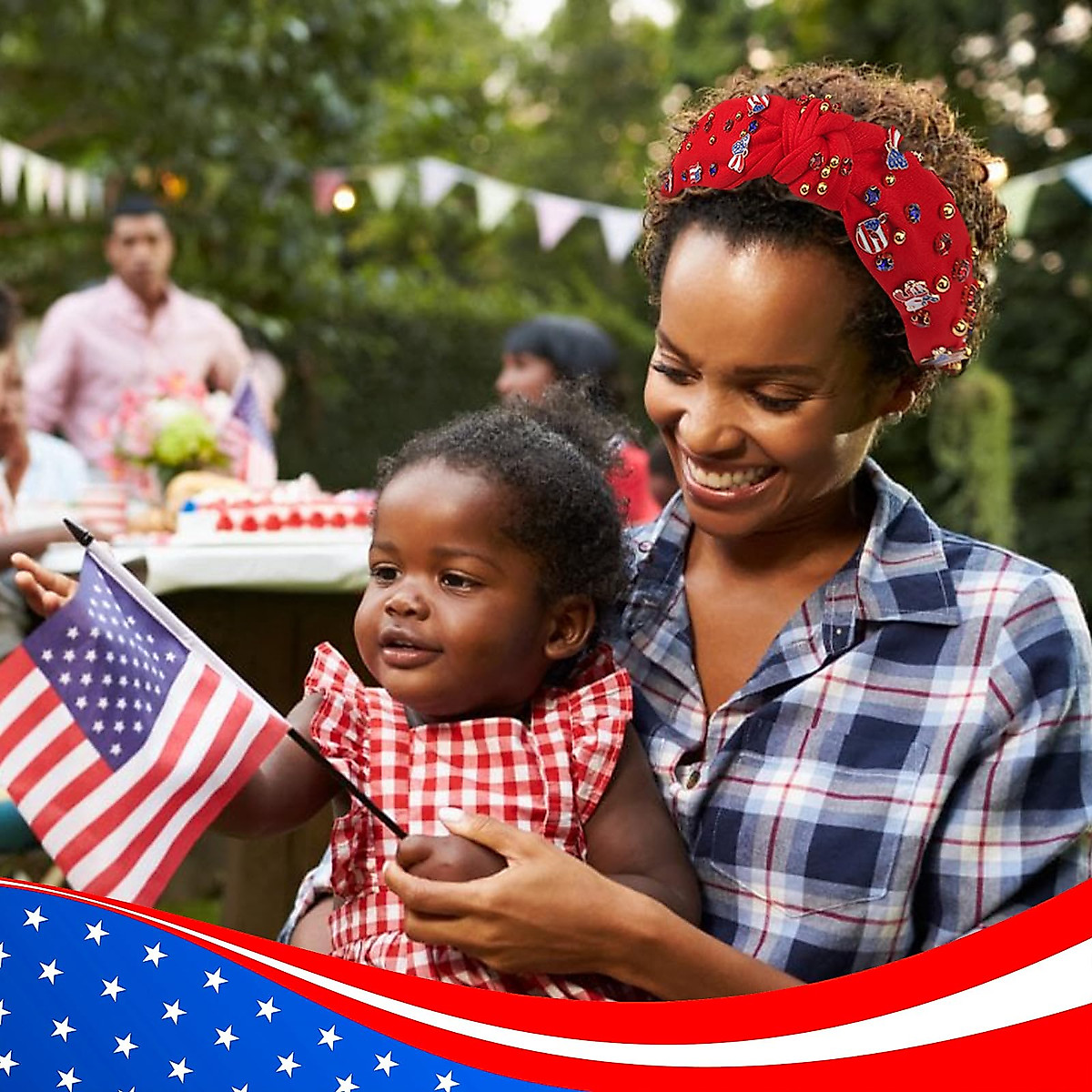 Gushu 4th of July Headband for Women, Fourth of July Red Knotted Patriotic Headband, Wide Top Knot Hair Band with Rhinestones, Beads and American Flag Charms, Memorial Independence Day Party Favors