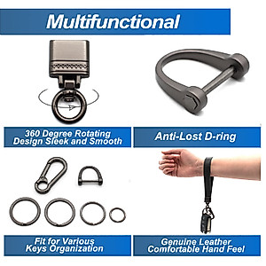 INFIPAR Car Fob Key Chain Genuine Leather Wristlet Strap Keychains Holder for Men and Women, 360 Degree Rotatable, with Anti-lost D-Ring, Carabiner Clip and 4pcs Key Rings, Dark and Black