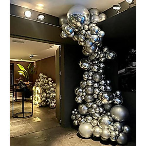 DKCPISCO Silver Metallic Chrome Latex Balloon Arch Kit, 100PCS 18In 12In 10In 5In Arch Garland For Engagement,Picnic,Wedding, Silver Theme Anniversary Celebration Decoration With 33FT Ribbon