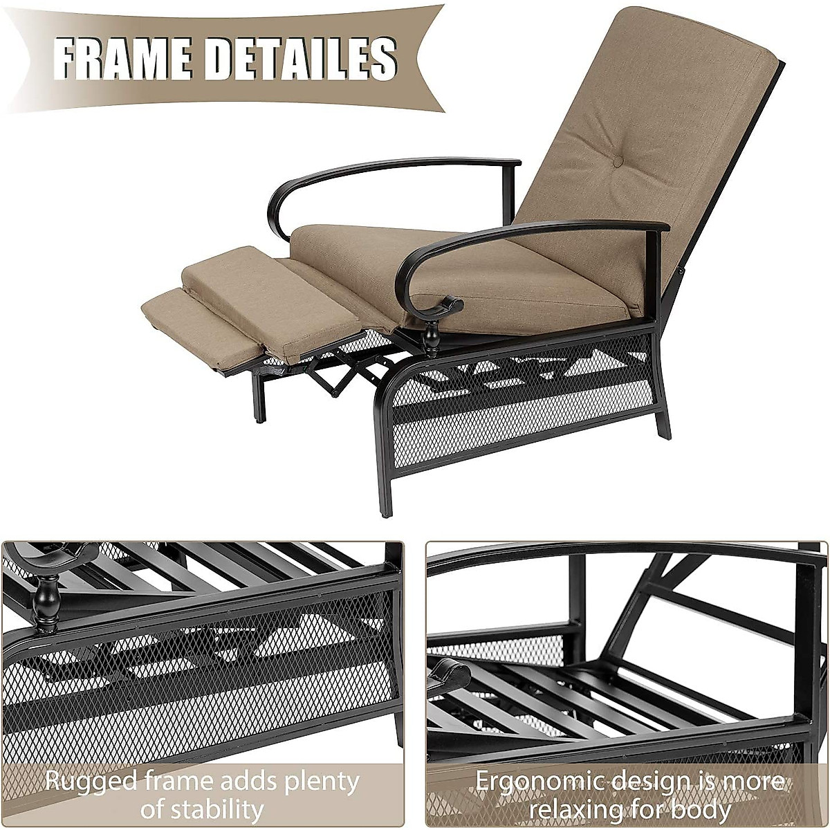 Betterland Outdoor Lounge Chair Set of 2 Metal Adjustable Patio Recliner Chair with Strong Extendable Frame and Thickened Removable Cushions, Beige