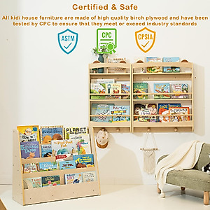 kidi house Wall Bookshelf Wooden Kids Bookshelf 3-Tier Floating Nursery Book Shelves for Kids Room Birch Hanging Toddler Bookshelf Montessori Bookshelf for Baby Room Playroom Living Room (Wide)