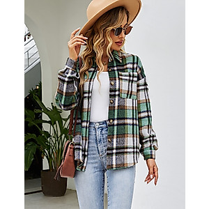 ClearFlower Womens Fall Fashion 2022 Plaid Shackets Flannel Jacket Casual Long Sleeve Button Collared Neck Oversized Shirts Green L