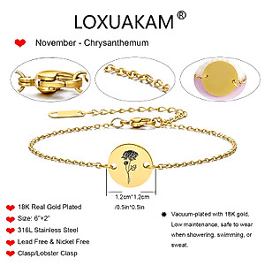 Birth Month Flower Chain Bracelet 18K Gold Plated Dainty Simple Month Birth Floral Disc Charm Engrave Coin Bracelets Minimalist Delicate Custom for Mom Daughter Gift for Her
