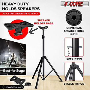 5 Core Speaker Stand Pair Tripod Floor Heavy Duty Adjustable Up to 72 Inch DJ Studio Monitor Stands Pole Mount - SS HD 2PK BLK Bag