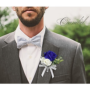 Ciandid Royal Blue Rose Wrist Corsage and Boutonniere set for Wedding, 3PCS Groom Groomsman Boutonnieres & 3PCS Bride Bridesmaid Wrist Corsages Wristlet Bracelet Flower for Wedding Ceremony Prom Party