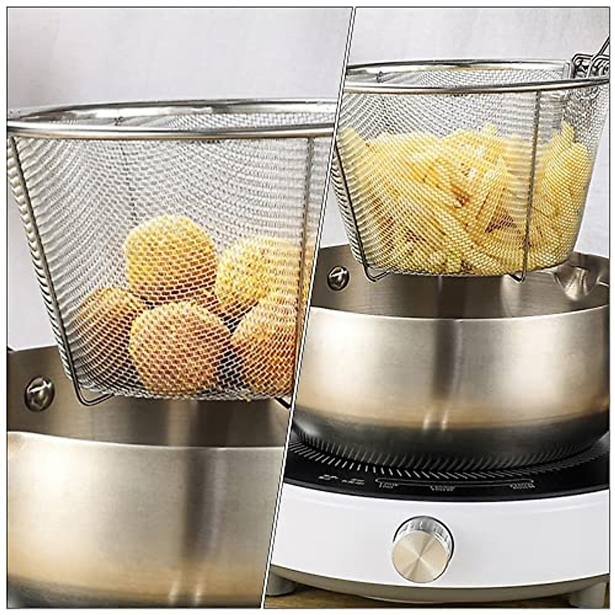 JUNXIAN Deep Frying Basket 2 Pack Stainless Steel Fry Basket Kitchen Chicken Basket Chip Fryer Kitchen Cooking Accessories Frying Net(31.5X18X11cm-2pcs)