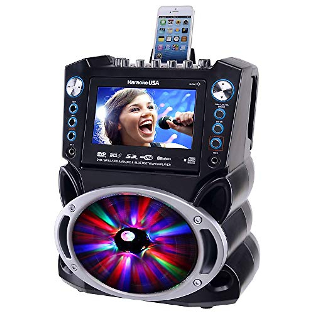 Karaoke USA GF842 DVD/CDG/MP3G Karaoke Machine with 7" TFT Color Screen, Record, Bluetooth and LED Sync Lights
