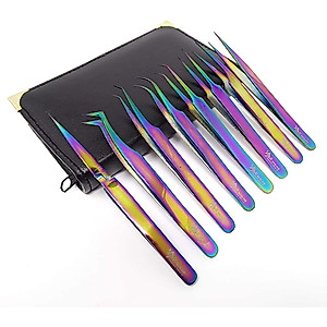 Set of 8 Piece Stainless Steel Multi Rainbow Color Eyelash ExtensionTweezers (A2ZSCILAB)