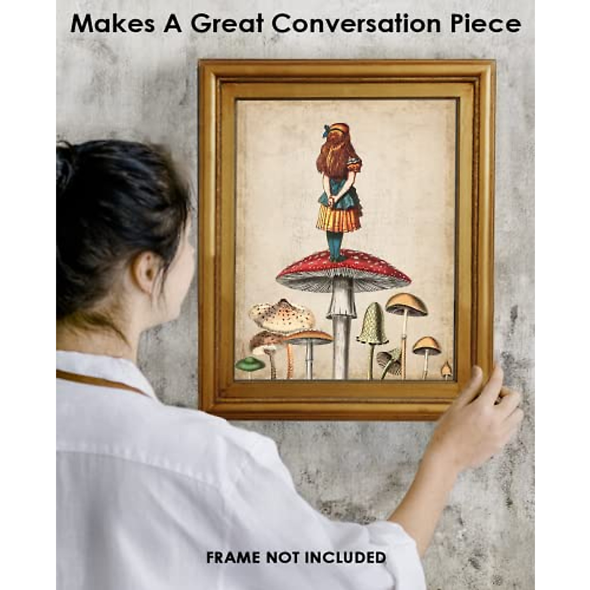 Whimsical Alice Atop Mushrooms Wall Art Print - 11x14 Unframed Picture For Home, Office, Classroom, Dorm, Living Room & Bedroom Decor - Creative Gift Idea For Alice Fans