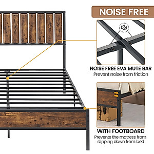 GAOMON Queen Size Bed Frame with Wood Headboard,Metal Bed Frame with 14 Heavy Duty Steel Slats,No Box Spring Needed,Noise-Free,Retro Brown