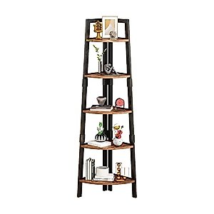 MIN WIN 5 Tier Corner Bookshelf Bookcase, 68.91” Tall Industrial Ladder Corner Shelf with Metal Frame, Wood Display Rack Plant Stand for Home Office, Balcony, Small Space, Vintage Brown