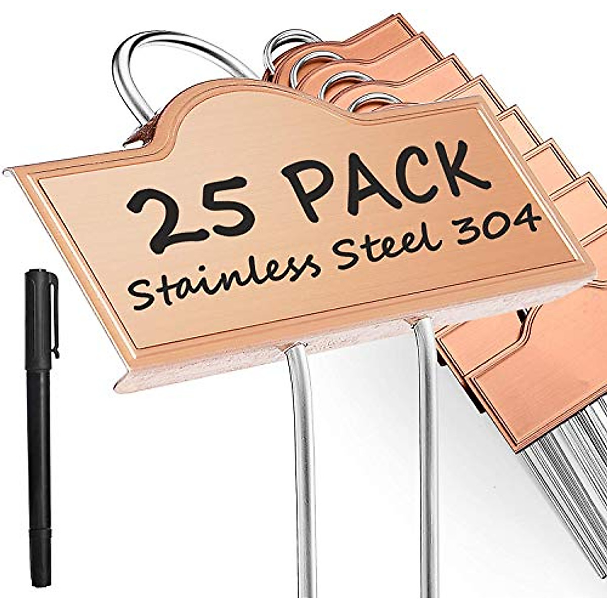 Metal Plant Labels Weatherproof 25 Pack, Outdoor Stainless Steel SS304 Garden Label Markers for Plants Vegetables Herb Seedlings Flowers with a Pen, Height 10.75 Inch, Label Area 3.74'' x 1.39''