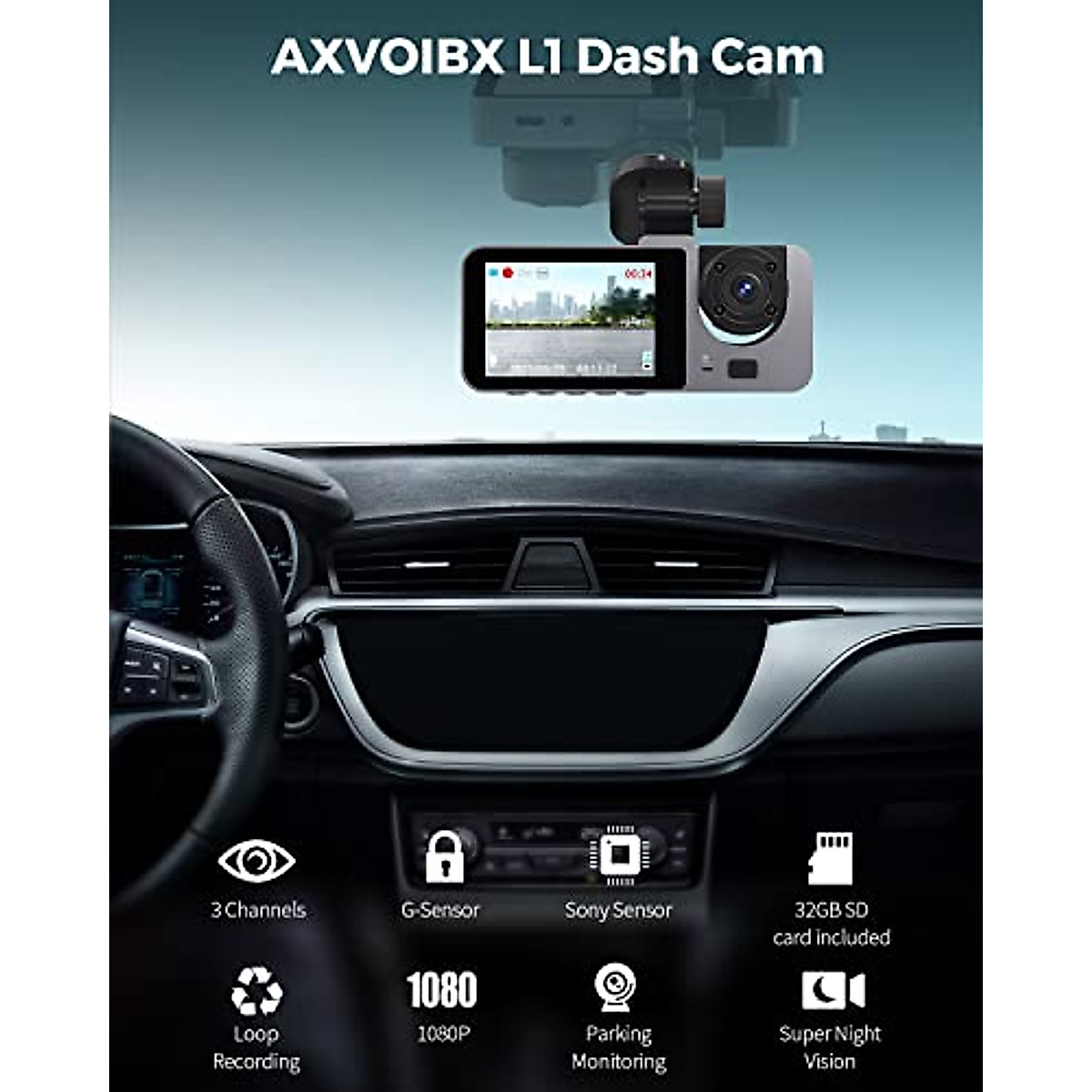 3 Channel 1080P Dash Cam Front and Rear Inside,32GB SD Card Included Three Way Triple Car Camera,IR Night Vision Dash Camera for Cars,Loop Recording, G-Sensor, Parking Monitor for Taxi