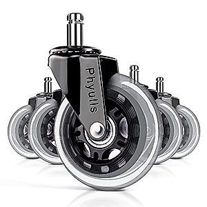 Office Chair Caster Wheels - 3" Rollerblade Rubber Replacement Chair Casters - Best Protection for Your Hardwood Floors No More Chair Mat Needed - Universal Fit,Smooth & Silent