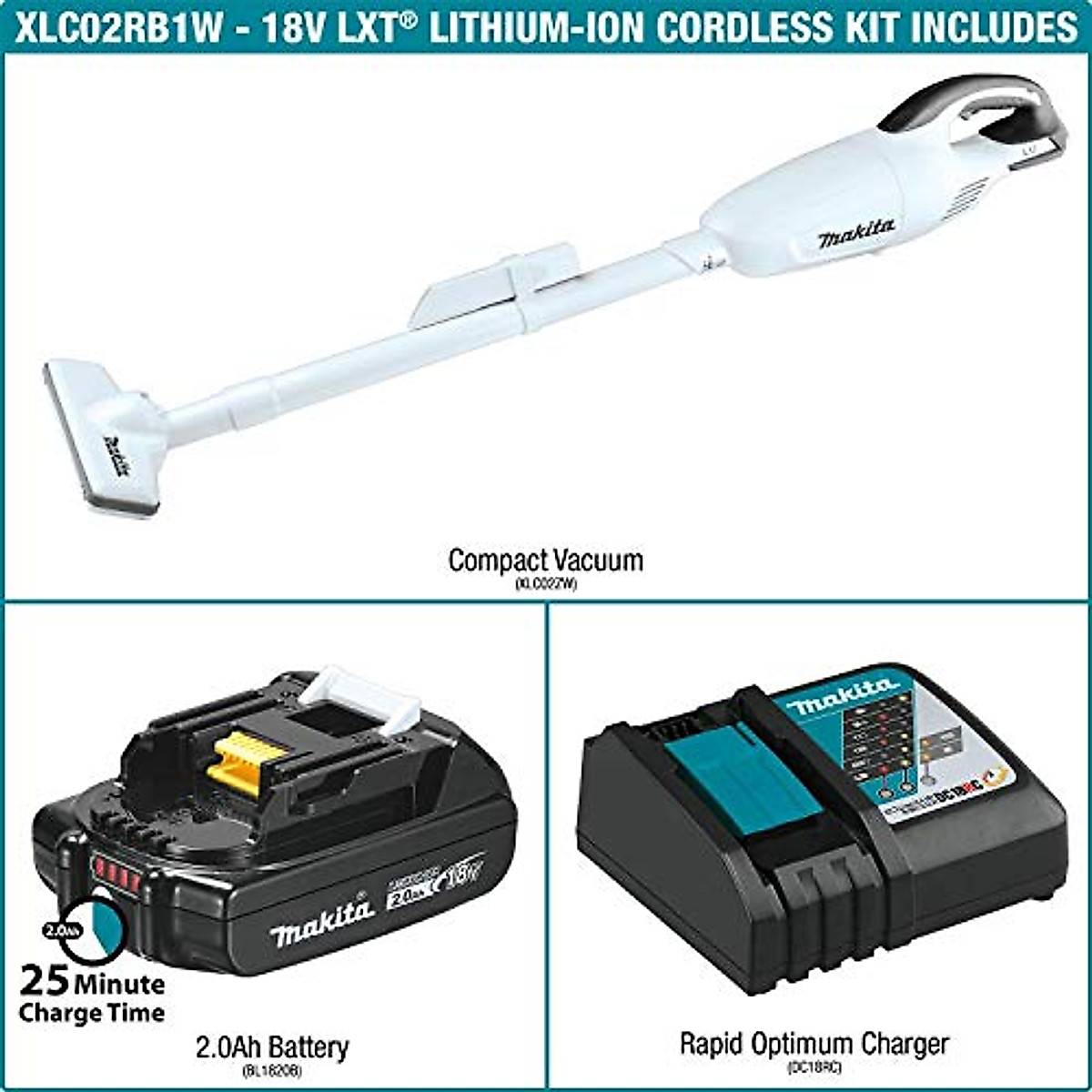 Makita XLC02RB1W 18V LXT Lithium-Ion Compact Cordless Vacuum Kit (2.0Ah), 1.3 Pint