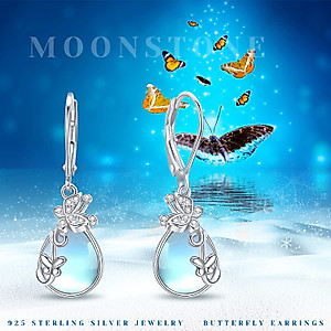Butterfly Earrings 925 Sterling Silver Butterfly Dangle Drop Earrings with Moonstone Butterfly Leverback Jewelry Gifts for Women Girlfriends