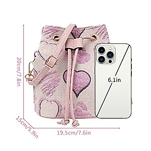 ZLM BAG US Women Girls Faux Leather Drawstring Bucket Bag Pink Heart Print Hobo Shoulder Purse Mini Crossbody Bag