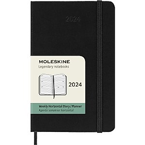 Moleskine DHB12WH2Y24 Notebook, Beginning January 2024, Weekly Diary, Horizontal (Horizontal) Hard Cover, Pocket Size (W x H x H): 3.5 x 5.5 inches (9 x 14 cm), Black