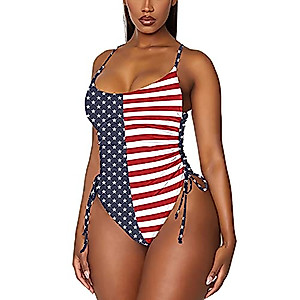 Viottiset Women's One Piece Swimsuit Drawstring Tummy Control High Cut Bathing Suit American Flag Small