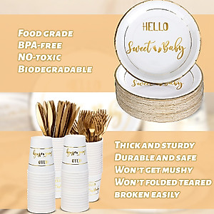 Yungyan 400 Pcs Baby Shower Dinnerware for 50 Guest Baby Shower Paper Plate Napkin Set Baby Shower Plate Napkins Cup Footprint Disposable Knives Fork Spoon Gender Reveal(Gold,Classic)