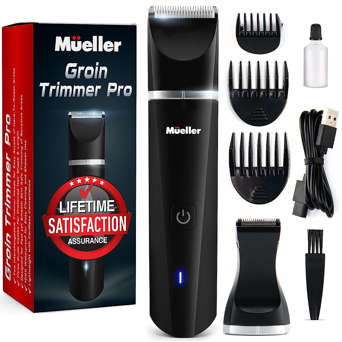 Mueller Pro Hair Trimmer 5.0 Groinscaper, Waterproof Wet/Dry Clippers, Replaceable SkinSaver Ceramic Blade Heads, Rechargeable, Ultimate Male Hygiene Razor, Wireless Charging, Red