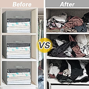 EITMOW 11 inch Closet Open Storage Bins with Clear Window with Reinforced Handles, Woven Fabric Storage Cubes, Foldable Organizer Bins for Closet Shelves, Clothes. (3PCS/Grey)
