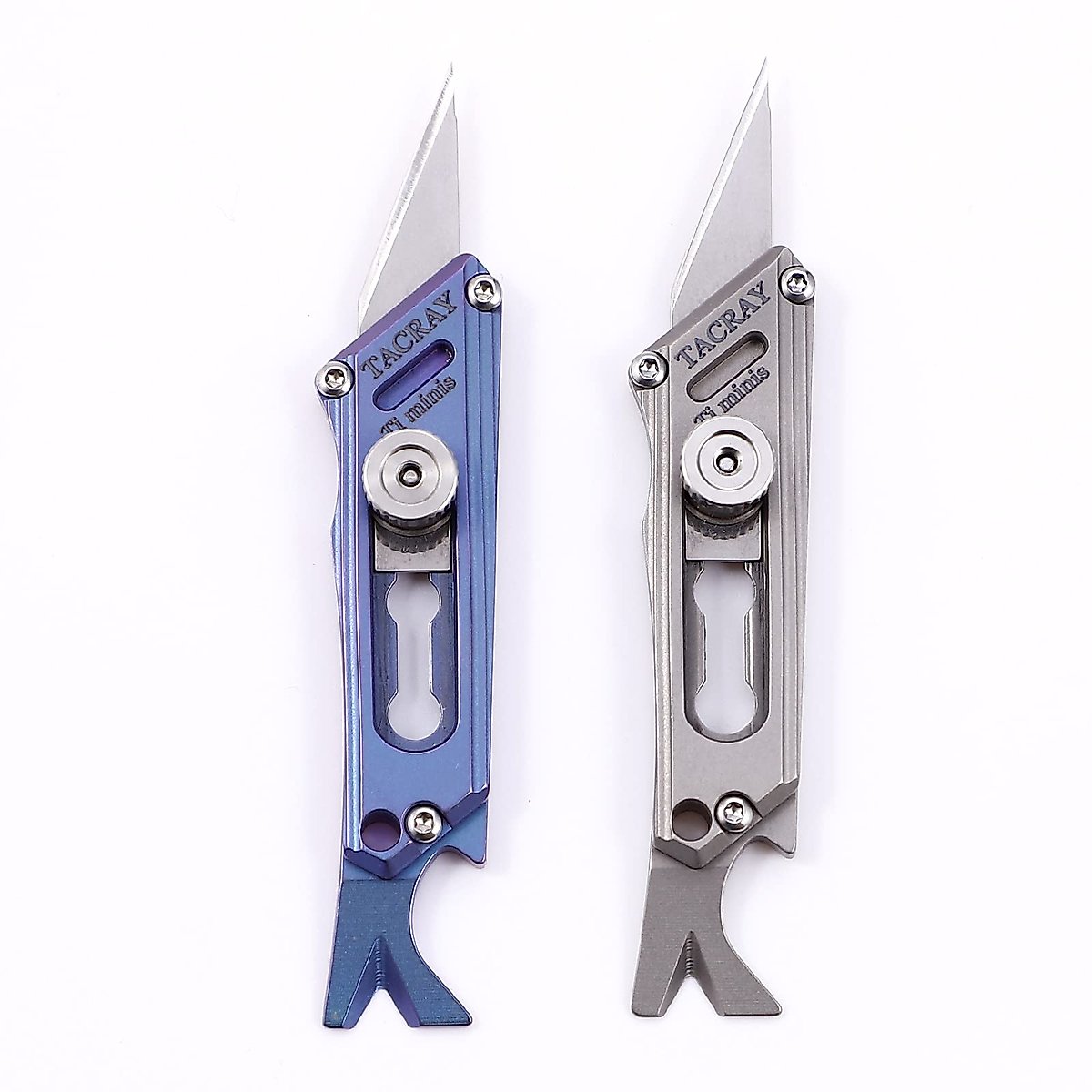 Tacray Titanium EDC Utility Knife with a bottle opener and in the tail, Pocket Knife Box Cutter with Retractable and Replaceable Blade, Mini Knife for Multiple Cutting Tasks（Blue)