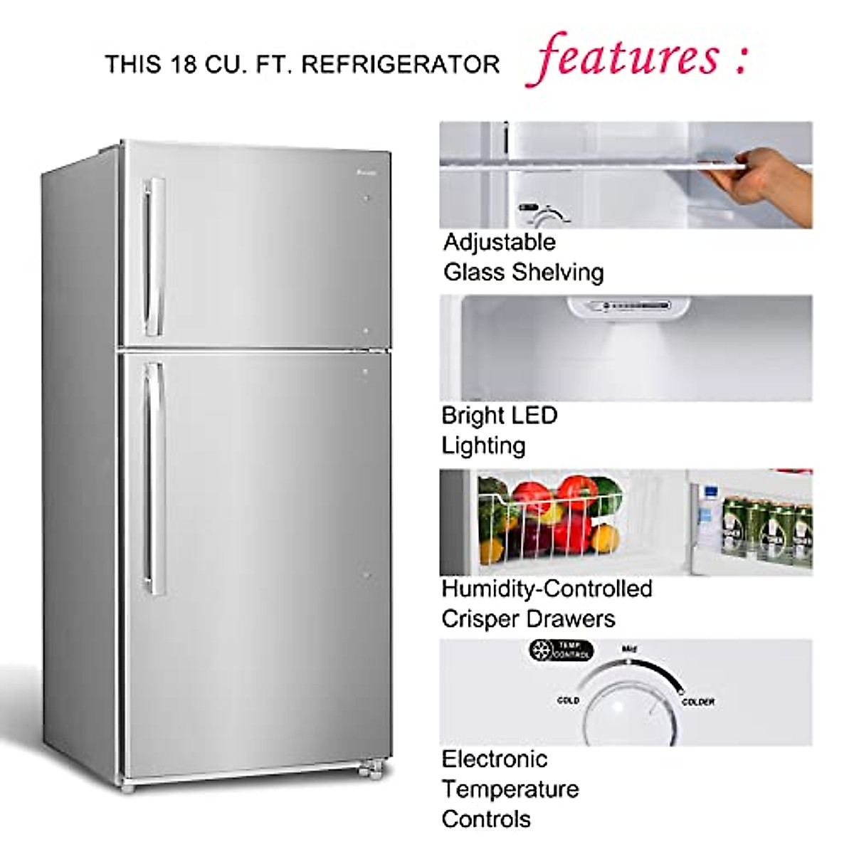 Smad 18 Cu.Ft Top Mount Freezer, Apartment Size Refrigerator with Electronic Temperature Control and Reversible Door, Garage Ready Refrigerator for Dorm, Garage, Office, Bedroom, Stainless Steel
