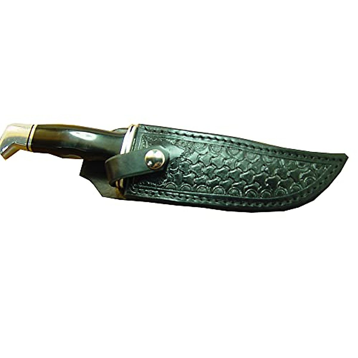 Custom Right-hand Leather knife sheath for the Buck 119 dyed black. Made with Authentic Buffalo Hide Leather and has round basket-weave tooling with strap. Sheath ONLY!!!!