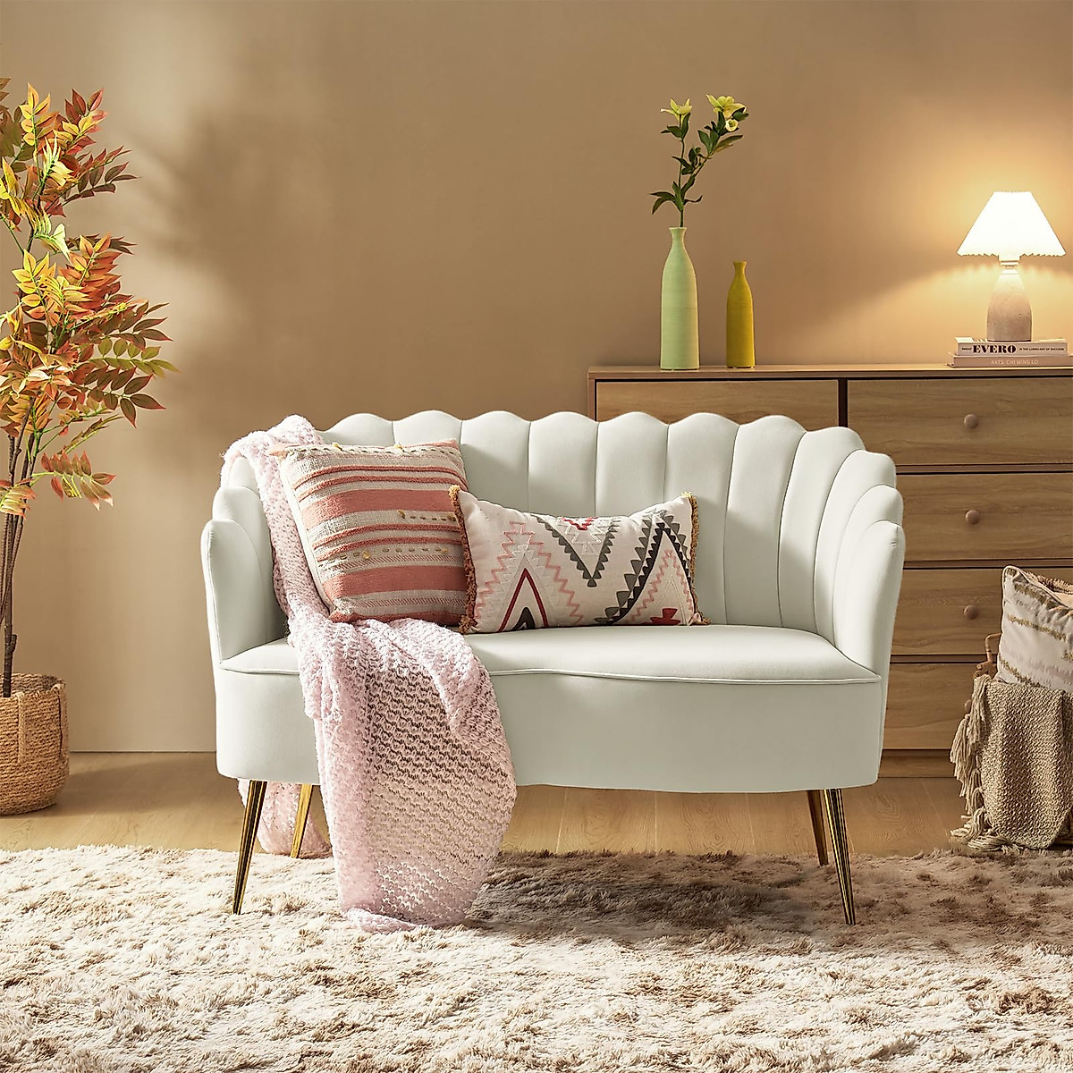 HULALA HOME Modern Velvet Loveseat Sofa with Flower Shaped Back, Comfy Upholstered 2-Seater Sofa with Gold Metal Legs, Small Love Seat Accent Couch for Living Bedroom Leisure Areas, Ivory