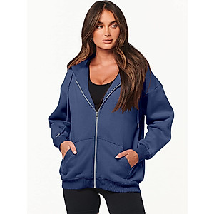 ANRABESS Womens Zip Up Hoodies Long Sleeve Oversized Sweatshirts Fleece Y2K Jacket Pockets 2025 Fall Outfits Fashion Clothes Navy Blue Small