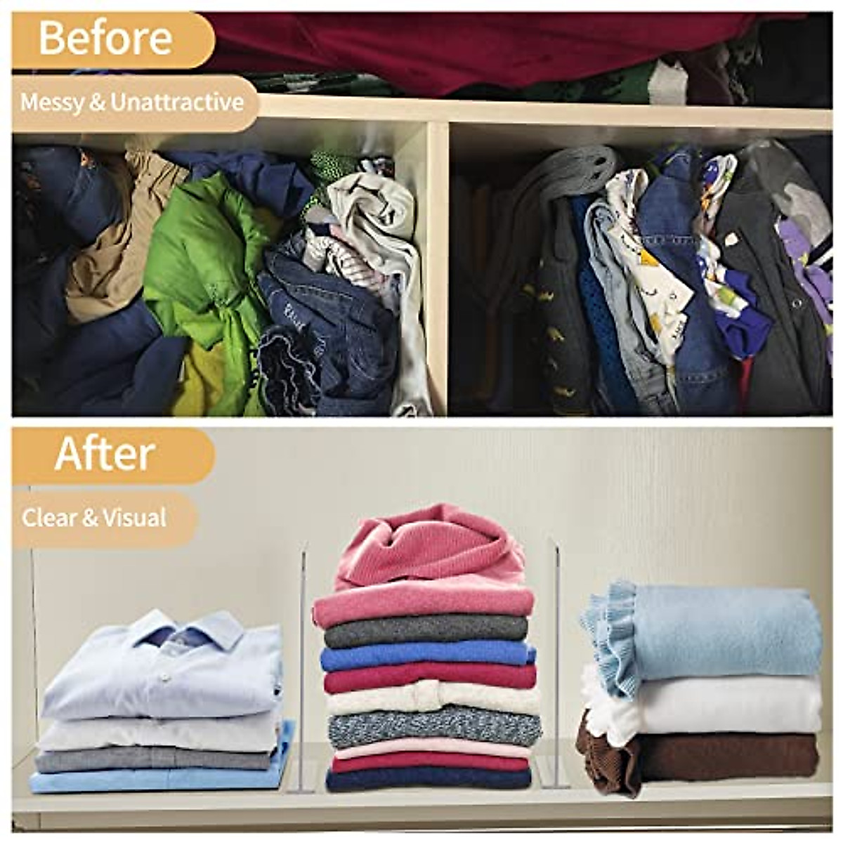 Fixwal 6 Pack Clear Shelf Dividers for Closet Organization, Closet Shelf Divider Organizer Multi Functional Wood Closet Separator for Storage in Bedroom, Kitchen, Office