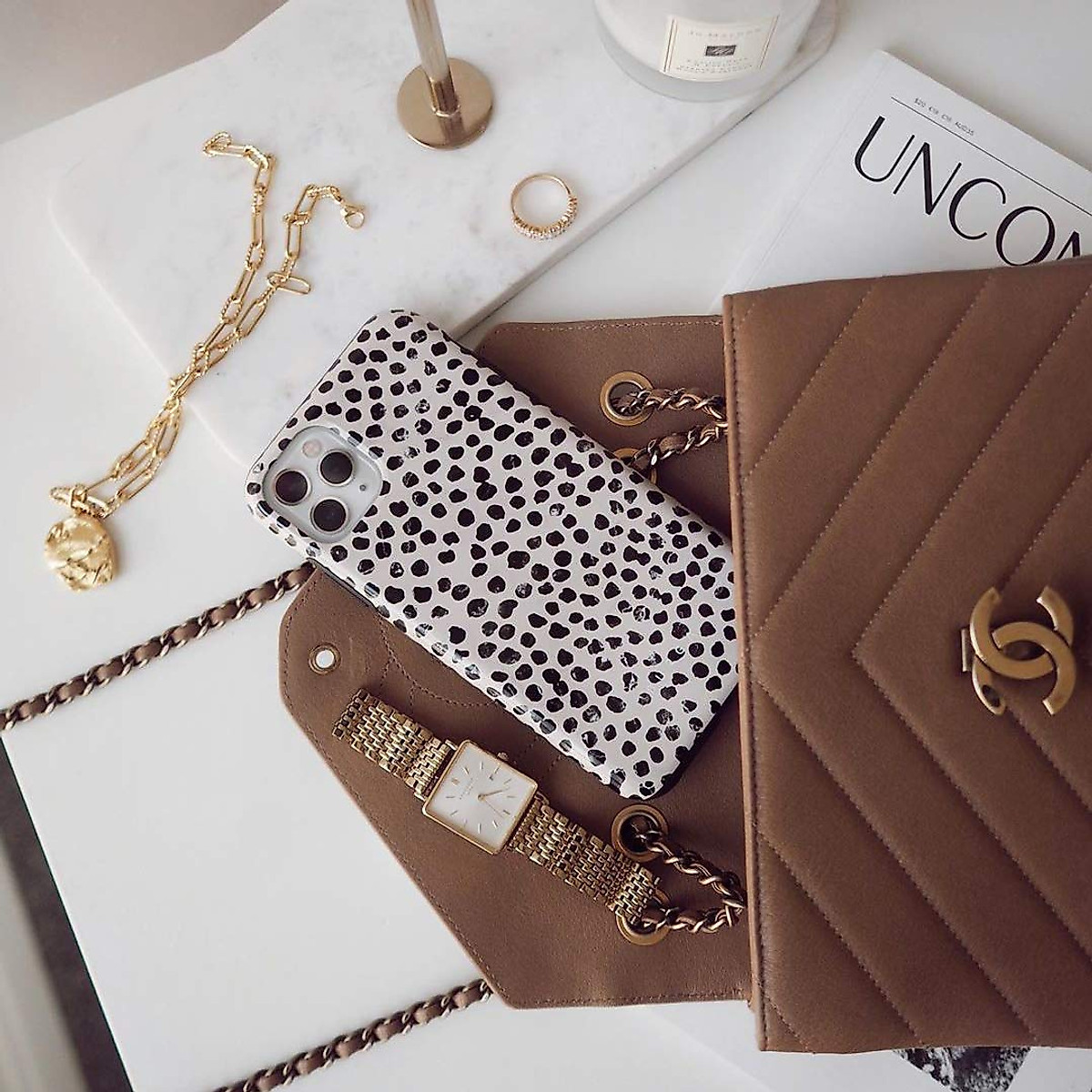 BURGA Phone Case Compatible with iPhone 11 - Hybrid 2-Layer Hard Shell + Silicone Protective Case -Black Polka Dots Pattern Nude Almond Latte - Scratch-Resistant Shockproof Cover