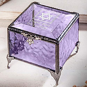 Bat Mitzvah Gifts for Girls Personalized Keepsake Engraved Jewish Star of David Purple Stained Glass Jewelry Box Trinkets J Devlin Box 836 EB250