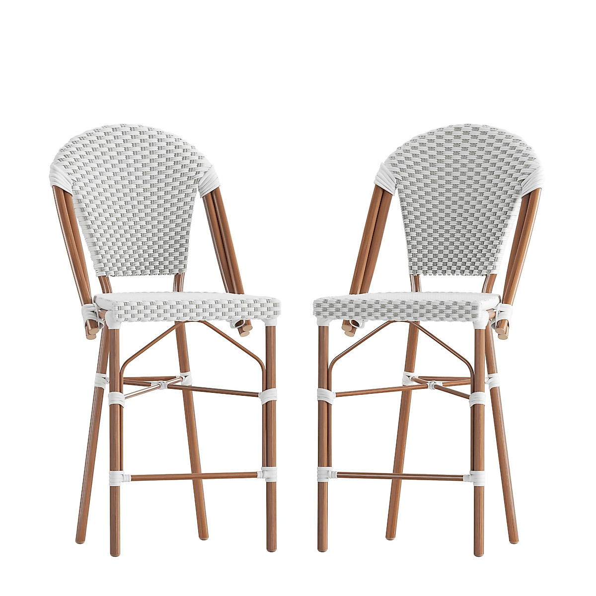 EMMA + OLIVER Colmar Bistro Counter Stool - Stacking Indoor/Outdoor PE Rattan Bar Stool with Bamboo Finish Frame - 26" High - Set of Two - Gray/White