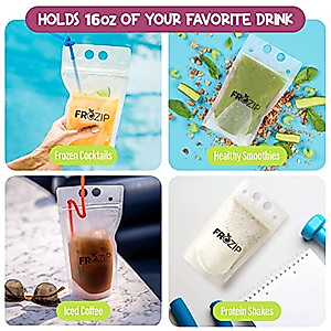Frozip 100pcs 16oz Drink Pouches for Adults - Drink Pouches with Straws x100 & Funnel - Resealable Smoothie Pouches & Clear Juice Pouches for Adults - Drink Bag Plastic Pouches for Drinks with Straws