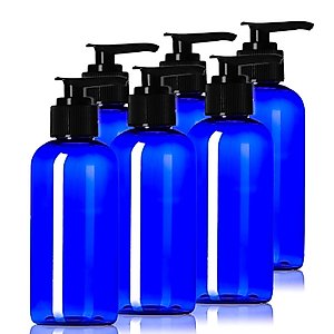 Aromine Essentials 4oz Plastic Cobalt Blue Bottles (6 Pack) BPA-Free Squeeze Containers with Pump Cap, Labels Included