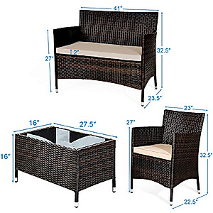 BestComfort 4 Piece Outdoor Patio Furniture Set Wicker Conversation Set, Sectional Sofa Rattan Wicker Chair, Glass Coffee Table for Backyard Porch Poolside Balcony Garden