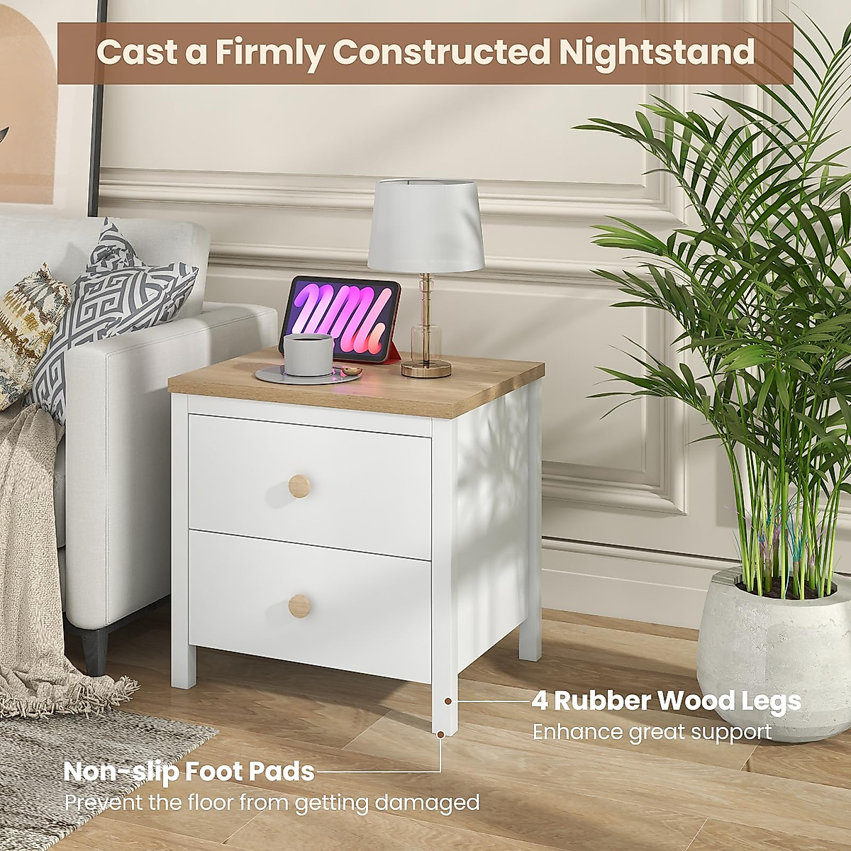 Giantex Night Stand with 2 Drawers, Farmhouse Bedside Table with Cute Round Knobs, Wooden Floor End Table with Rubber Wood Legs, Small Sofa Side Table for Small Space Kids Bedroom College, White