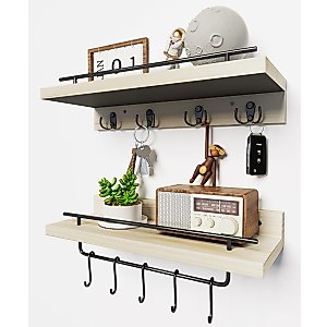 Wood Floating Shelves with Hooks, Wall Mounted Coat Rack with Shelf Set of 2, Bathroom Wall Shelf with Removable Towel Bar, Hanging Shelves with 9 Hooks for Kitchen Entryway Coffee Bar, Maple Wood