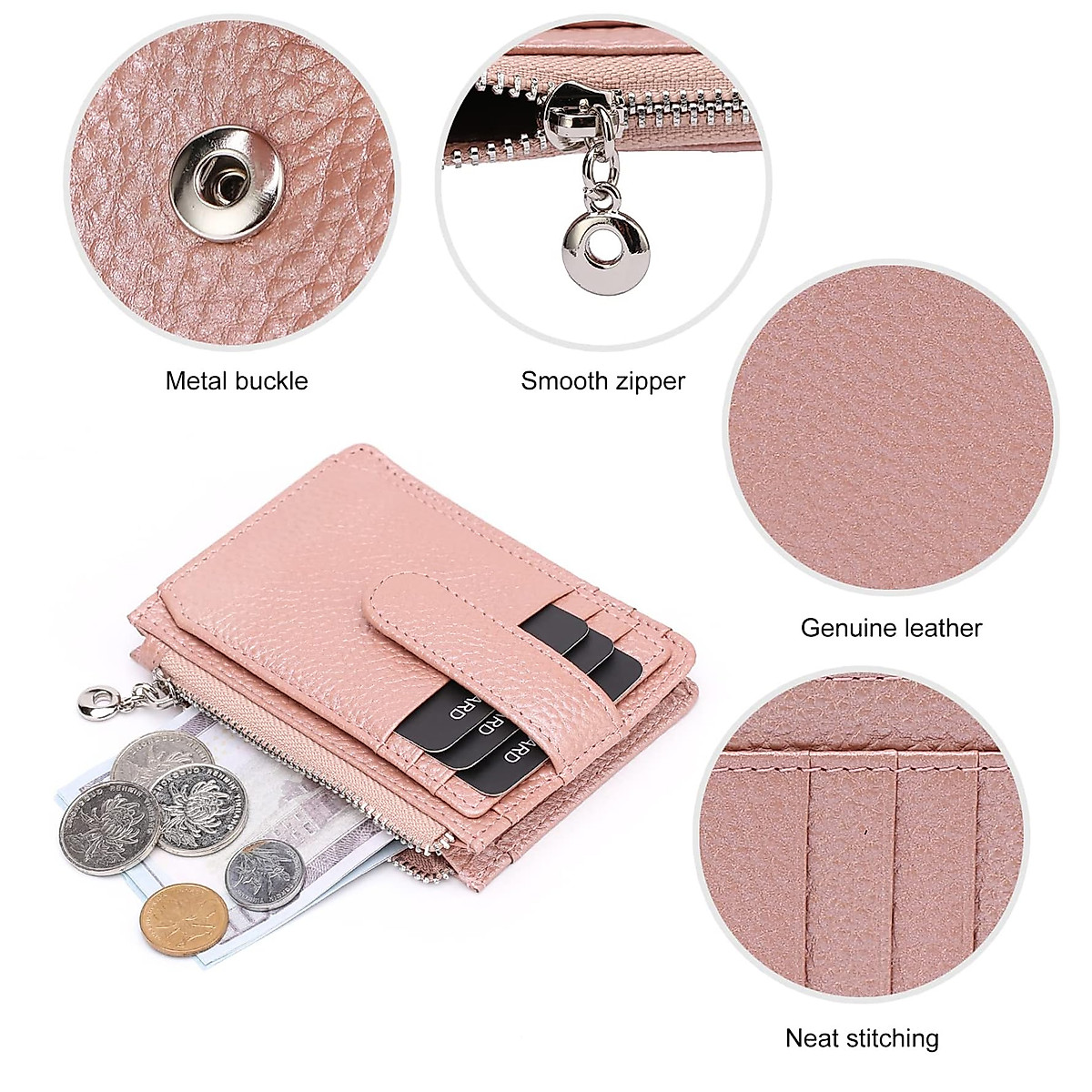 Fependu Slim Wallet for Women Thin Womens Card Holder RFID Blocking Genuine Leather Small Wallets Pearl Pink