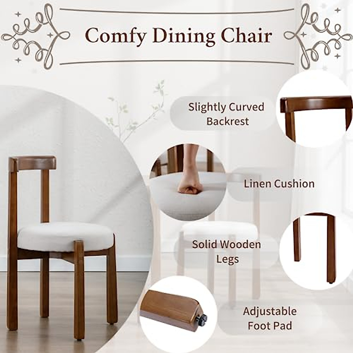 Ya-Home Dining Chairs Set of 2, Comfy Mid-Century Dining Room Chairs Upholstered Linen Fabric Side Chair with Wooden Legs Backrest for Dining Room Living Room, Beige