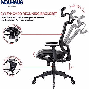 Nouhaus ErgoTASK – Ergonomic Task Chair, Computer Chair and Office Chair with Headrest. Rolling Swivel Chair with Rollerblade Wheels (Black)