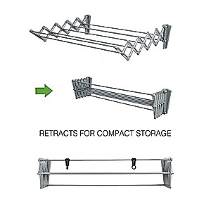 Stainless Steel Wall Mount Expandable Retractable Clothes Air Drying Rack - 7 Rods 23" Easy to Install Space Saver Fold Away Racks for Laundry Room/Bathroom//Utility Room - Indoor and Outdoor Use