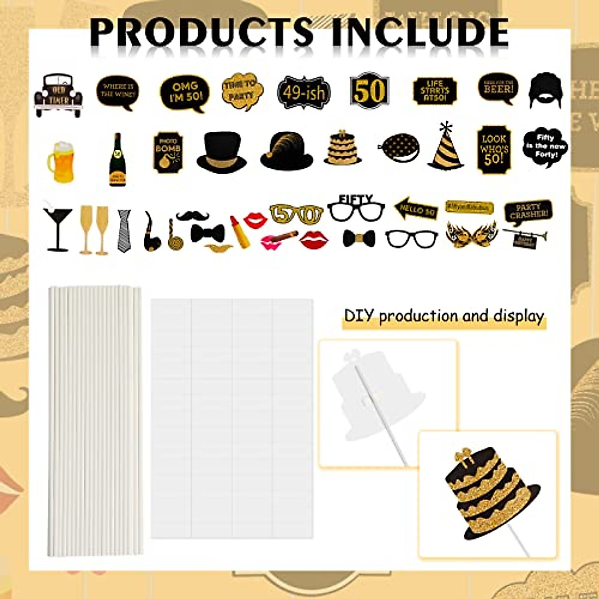 Adult 50th Birthday Photo Booth Props(41Pcs) for Her Him Cheers to 50 Years Birthday Party, Gold and Red Decorations, 50th Happy Birthday Party Supplies for Men Women