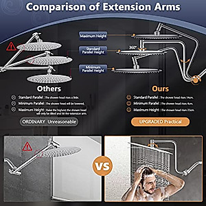12" Rainfall Shower Head with Handheld Combo, High Pressure Shower Heads with Upgraded 12" Adjustable Curved Shower Extension Arm, 6 Settings Handheld Shower Head Built-in Power Wash Anti-leak（Chrome）