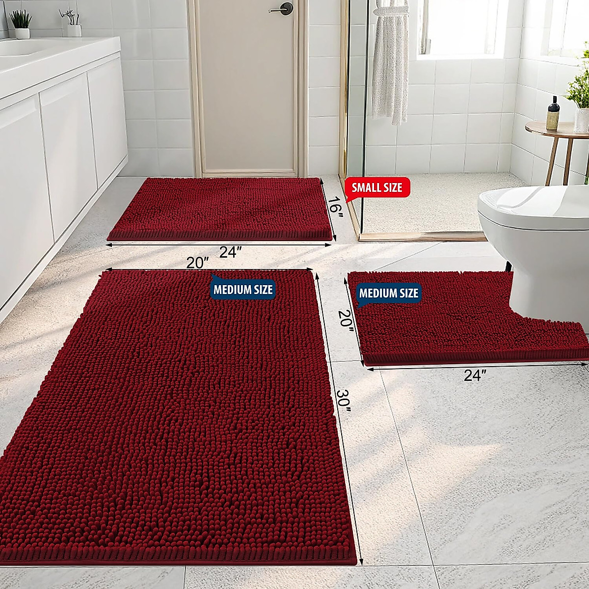Smiry Luxury Chenille Bathroom Rugs 36x24, Extra Soft and Absorbent Shaggy Bath Mat, Machine Washable, Non-Slip Plush Carpet Runner for Tub, Shower, and Floor, Home Decor Accessories, Burgundy